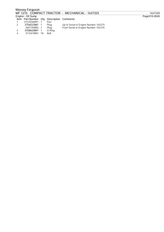 Massey ferguson mf 1215 compact tractor (mechanical) parts catalogue manual | PDF