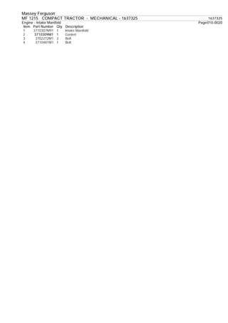Massey ferguson mf 1215 compact tractor (mechanical) parts catalogue manual | PDF