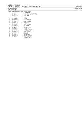 Massey ferguson mf251 tractor 2 wd (br for australia) parts catalogue ...