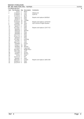 Massey ferguson mf 285 tractor (fr) service parts catalogue manual ...