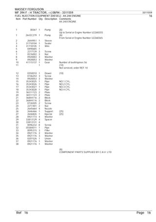 Massey ferguson mf 394 f h tractor parts catalogue manual | PDF