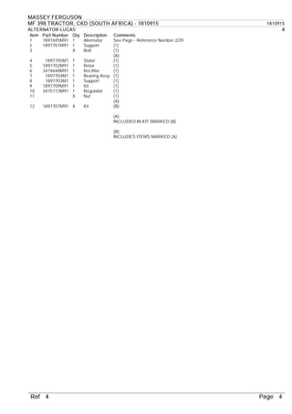 Massey ferguson mf 398 tractor, ckd (south africa) parts catalogue ...