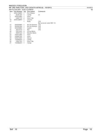 Massey ferguson mf 398 tractor, ckd (south africa) parts catalogue ...