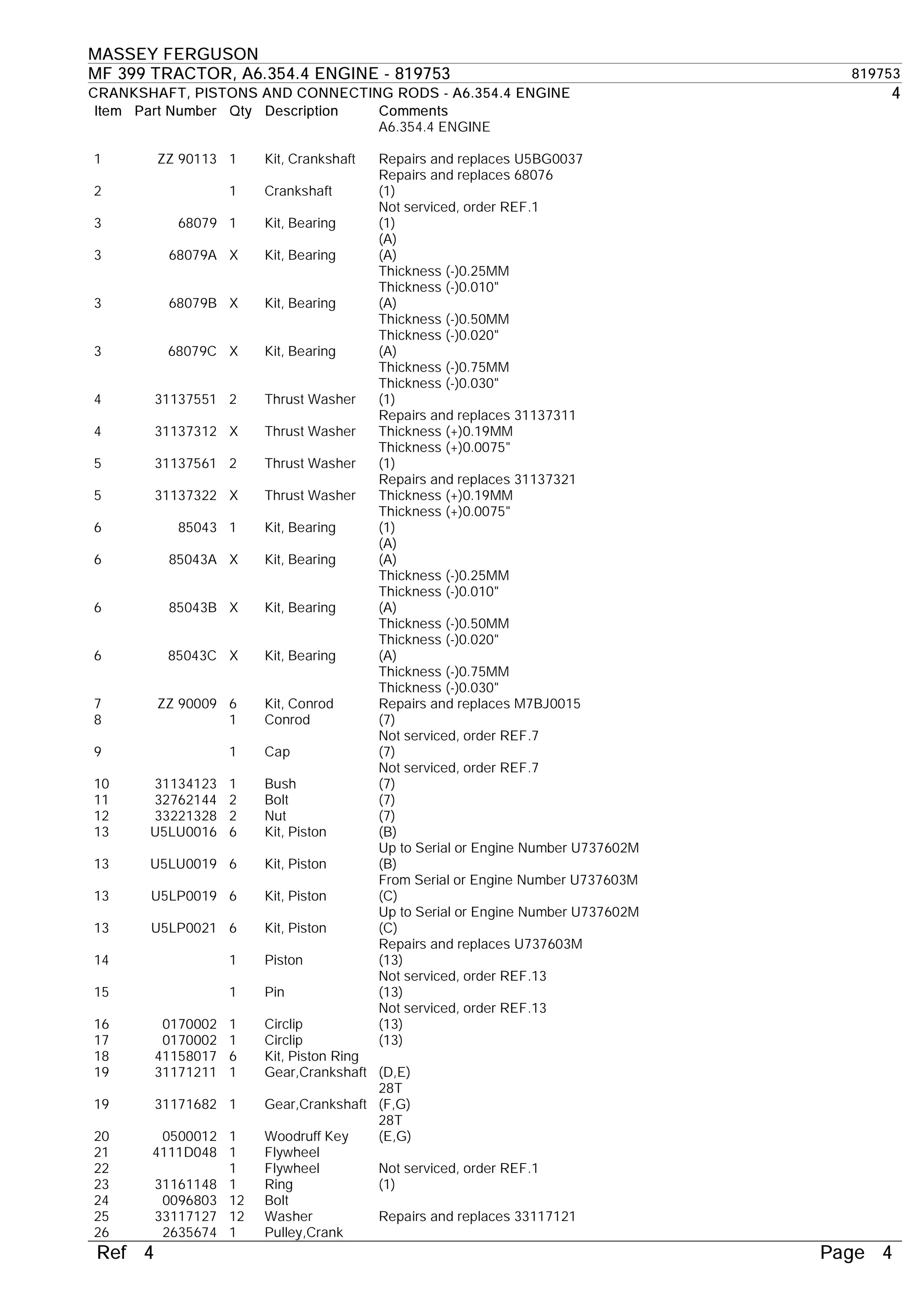 Massey ferguson mf 399 tractor, a6.354.4 engine parts catalogue manual ...