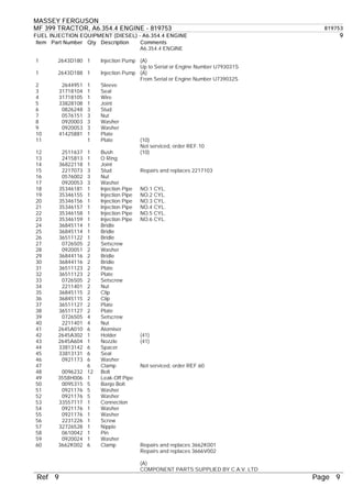 Massey ferguson mf 399 tractor, a6.354.4 engine parts catalogue manual ...