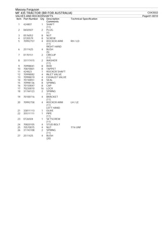 Massey ferguson mf 435 tractor (br for australia) parts catalogue ...