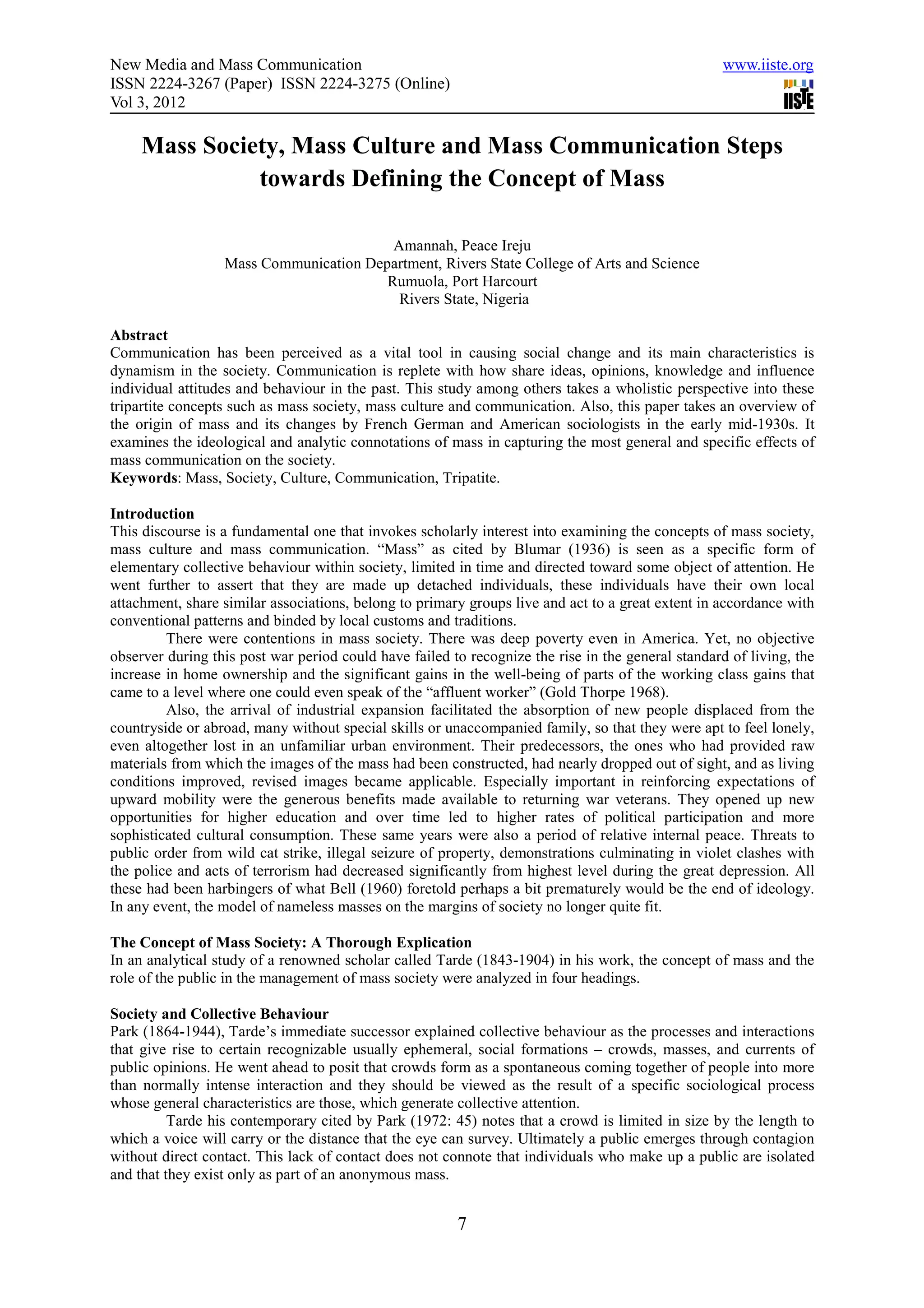 Mass society, mass culture and mass communication steps towards ...