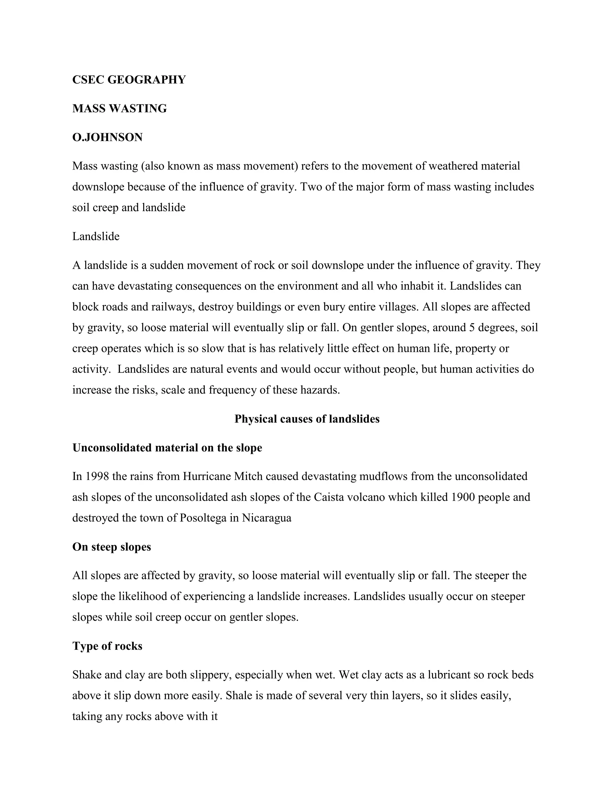 Mass wasting-CSEC GEOGRAPHY | PDF