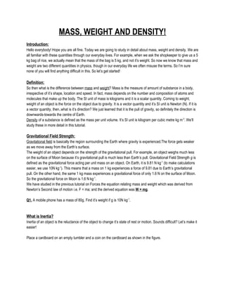 Mass, weight and density | DOC