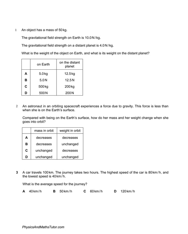 Mass & Weight (Multiple Choice) QP.pdf | Geology | Science