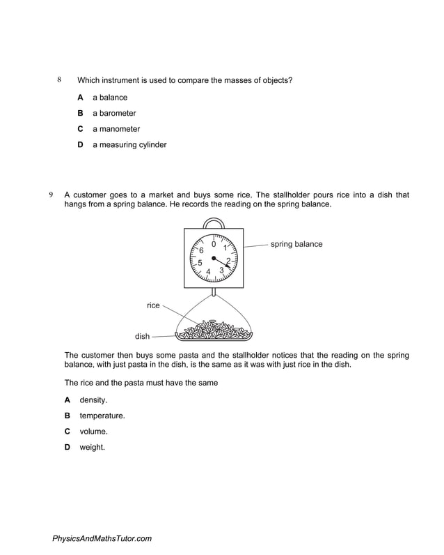Mass & Weight (Multiple Choice) QP.pdf | Geology | Science