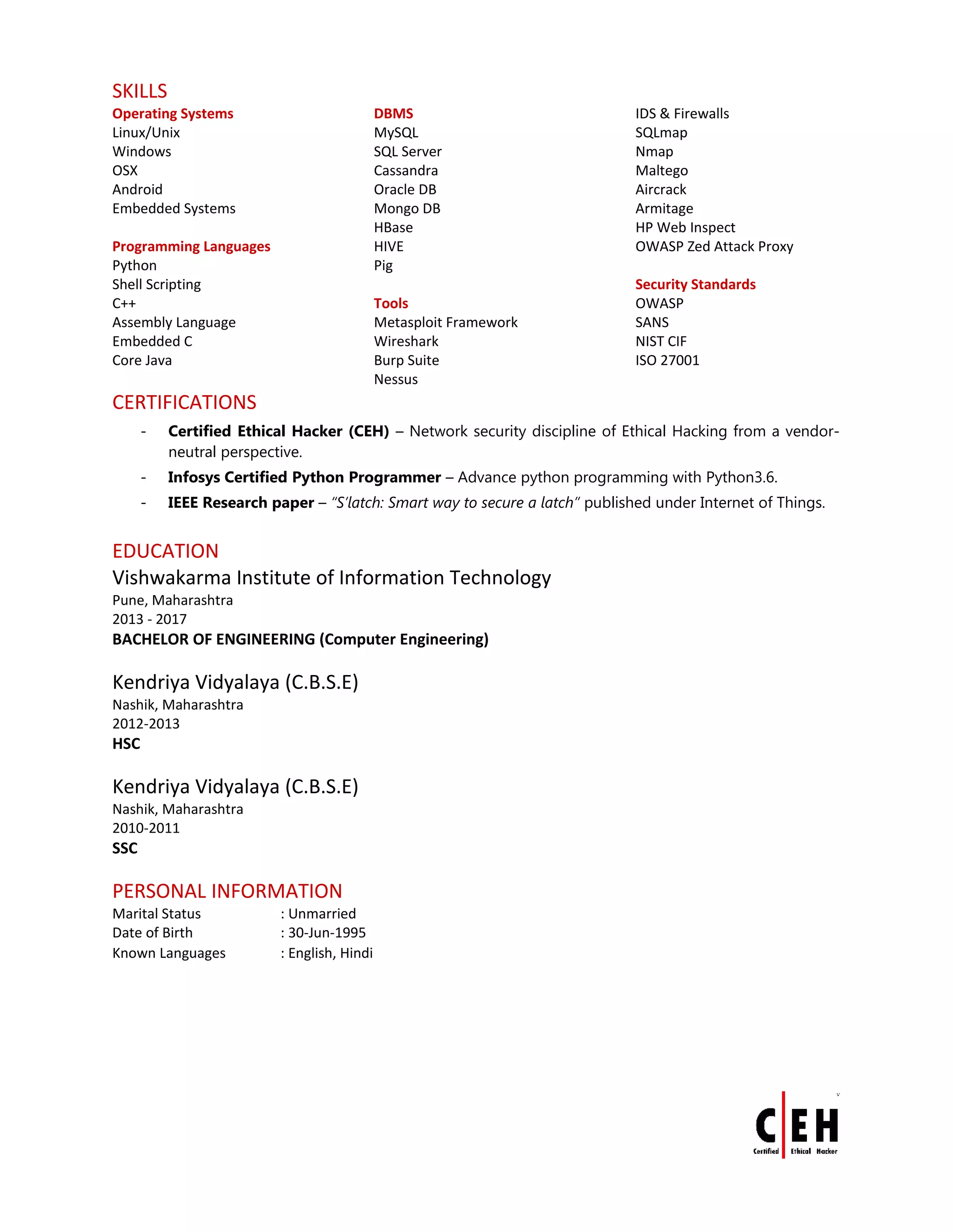 Resume | DOC | Programming Languages | Computing