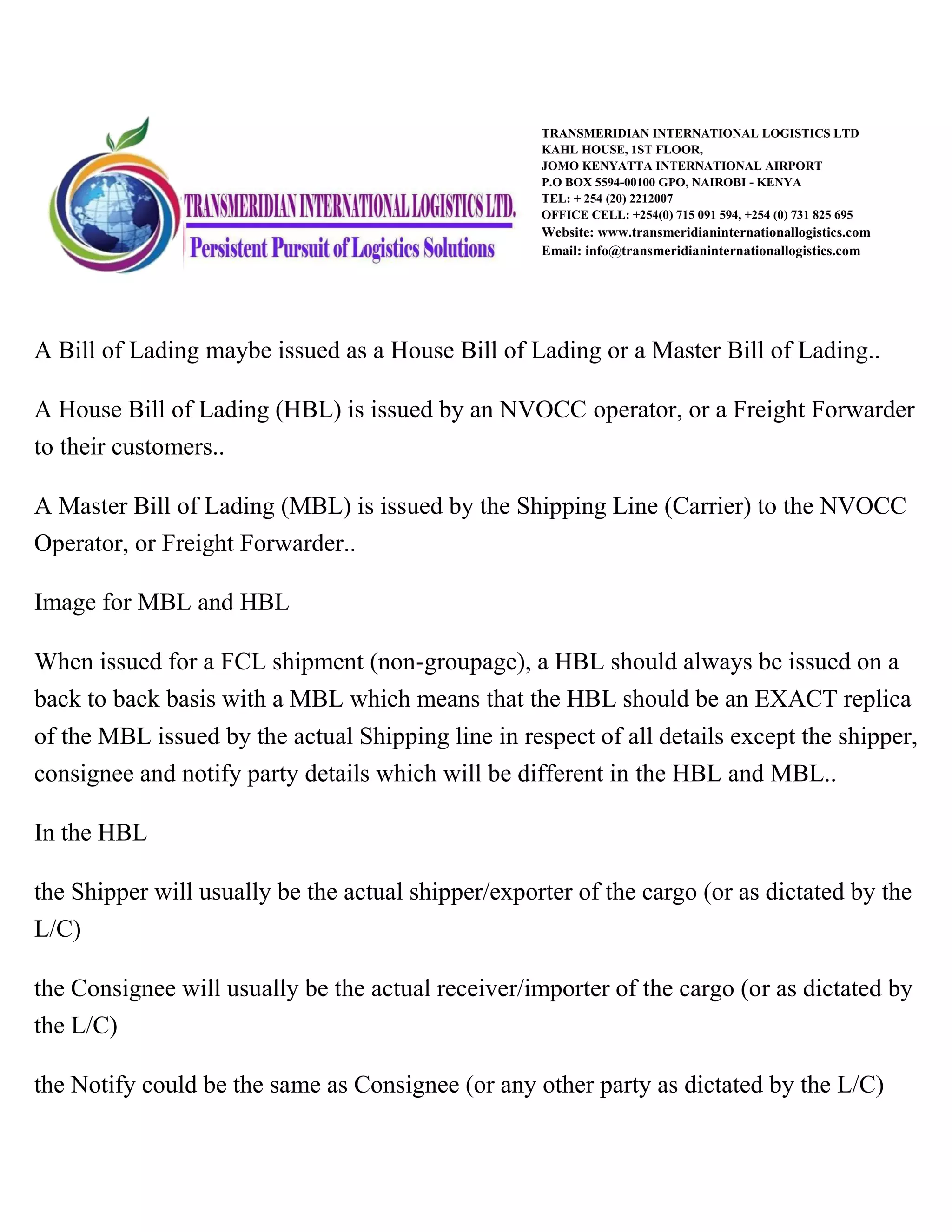 Master billof lading versus house bill of lading | PDF