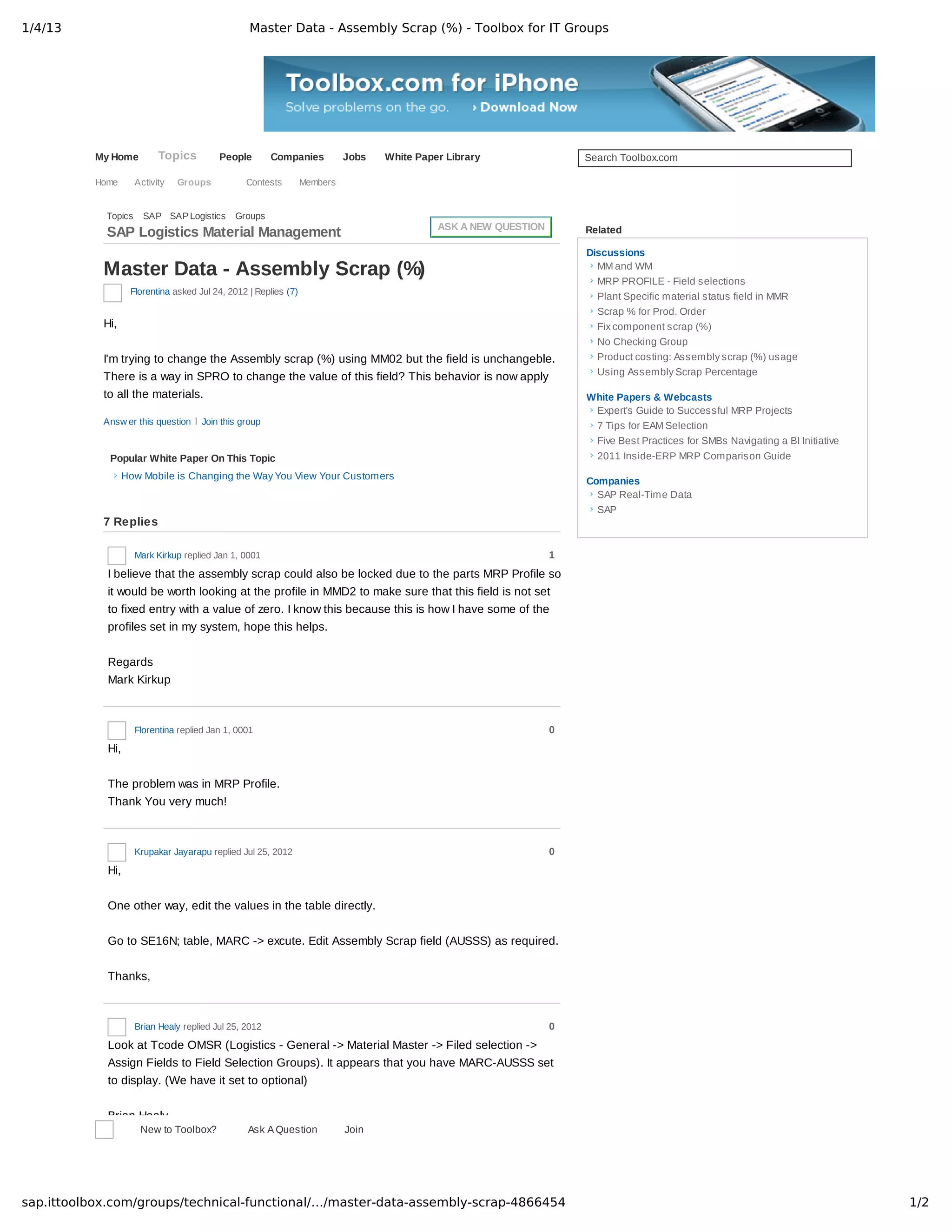 Master data assembly scrap (%) - toolbox for it groups | PDF