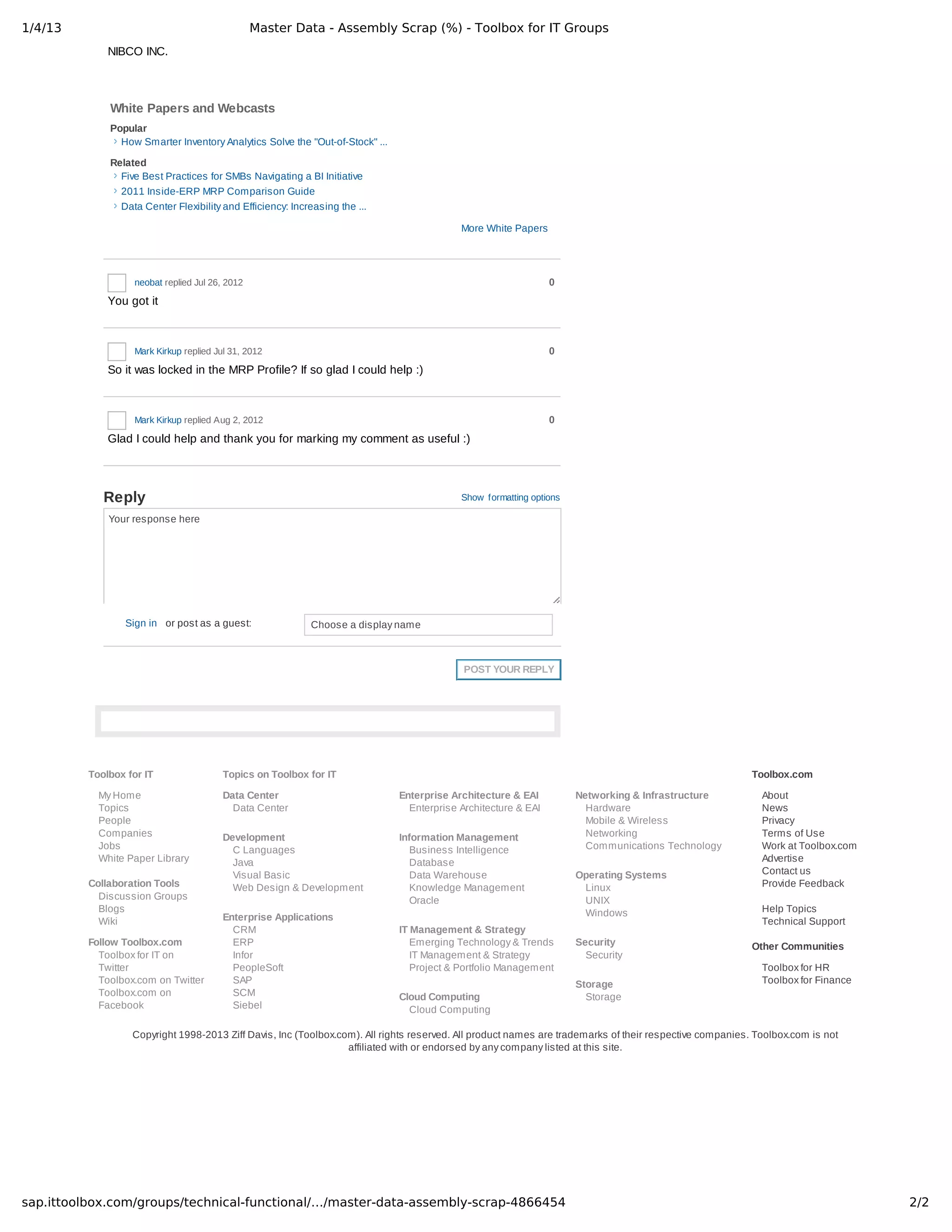 Master data assembly scrap (%) - toolbox for it groups | PDF