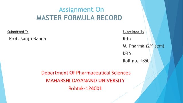 Master formula record | PPTX | Pharmaceutical Industry | Industries