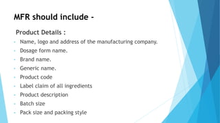 Master formula record | PPTX | Pharmaceutical Industry | Industries