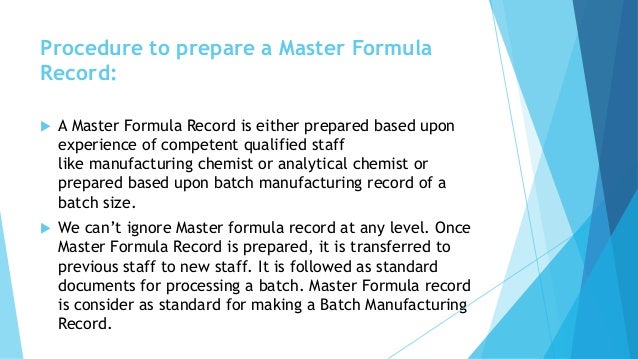 Master formula record