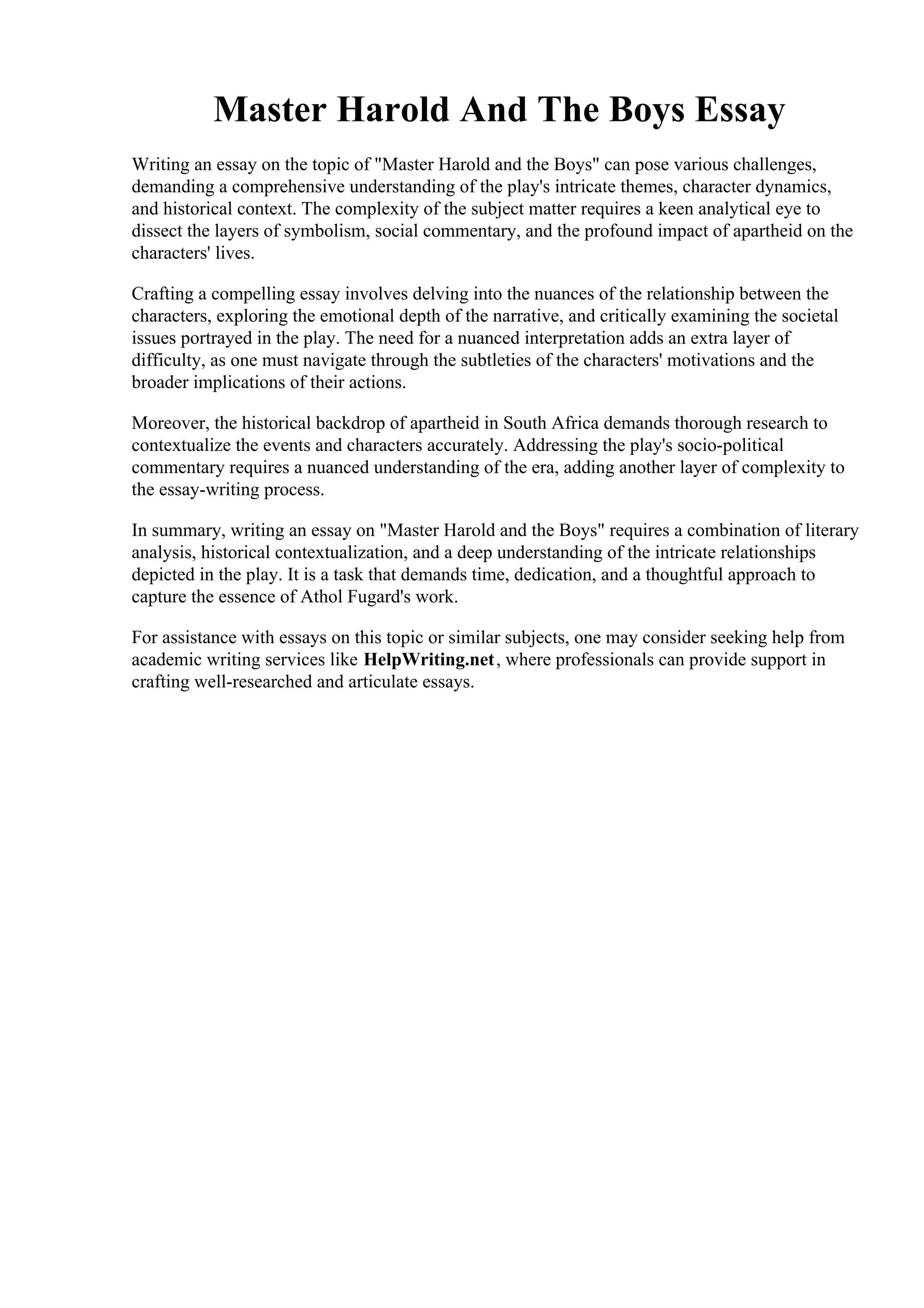 Master Harold And The Boys Essay. Master Haroldand the boys | PDF