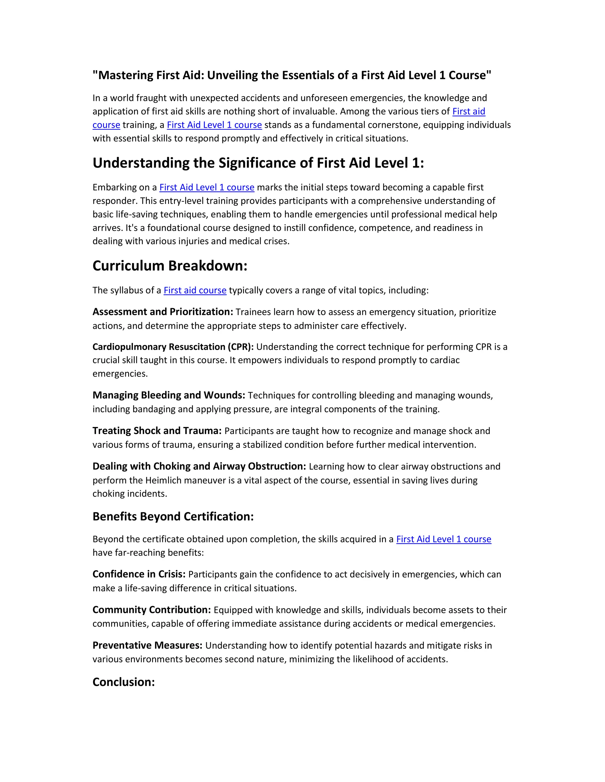 Mastering First Aid Unveiling the Essentials of a First Aid Level 1 ...