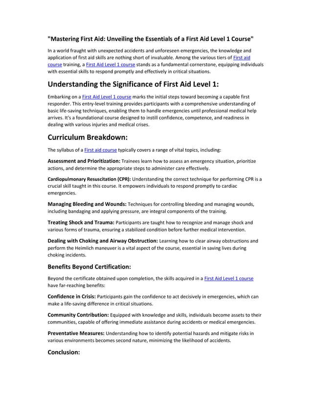 Mastering First Aid Unveiling the Essentials of a First Aid Level 1 ...