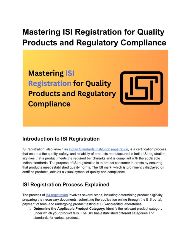 Mastering ISI Registration for Quality Products and Regulatory ...