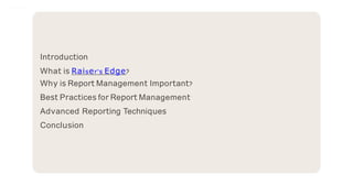 Mastering Raiser's Edge Reports A Comprehensive Guide | PPTX