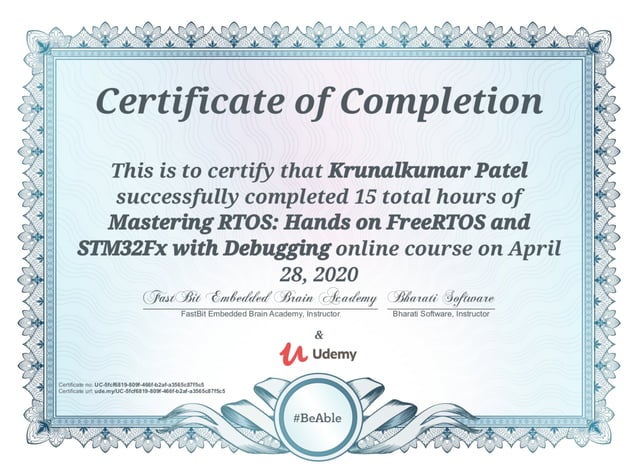 Certificate - Mastering RTOS: Hands on FreeRTOS and STM32Fx with Debugging | PDF