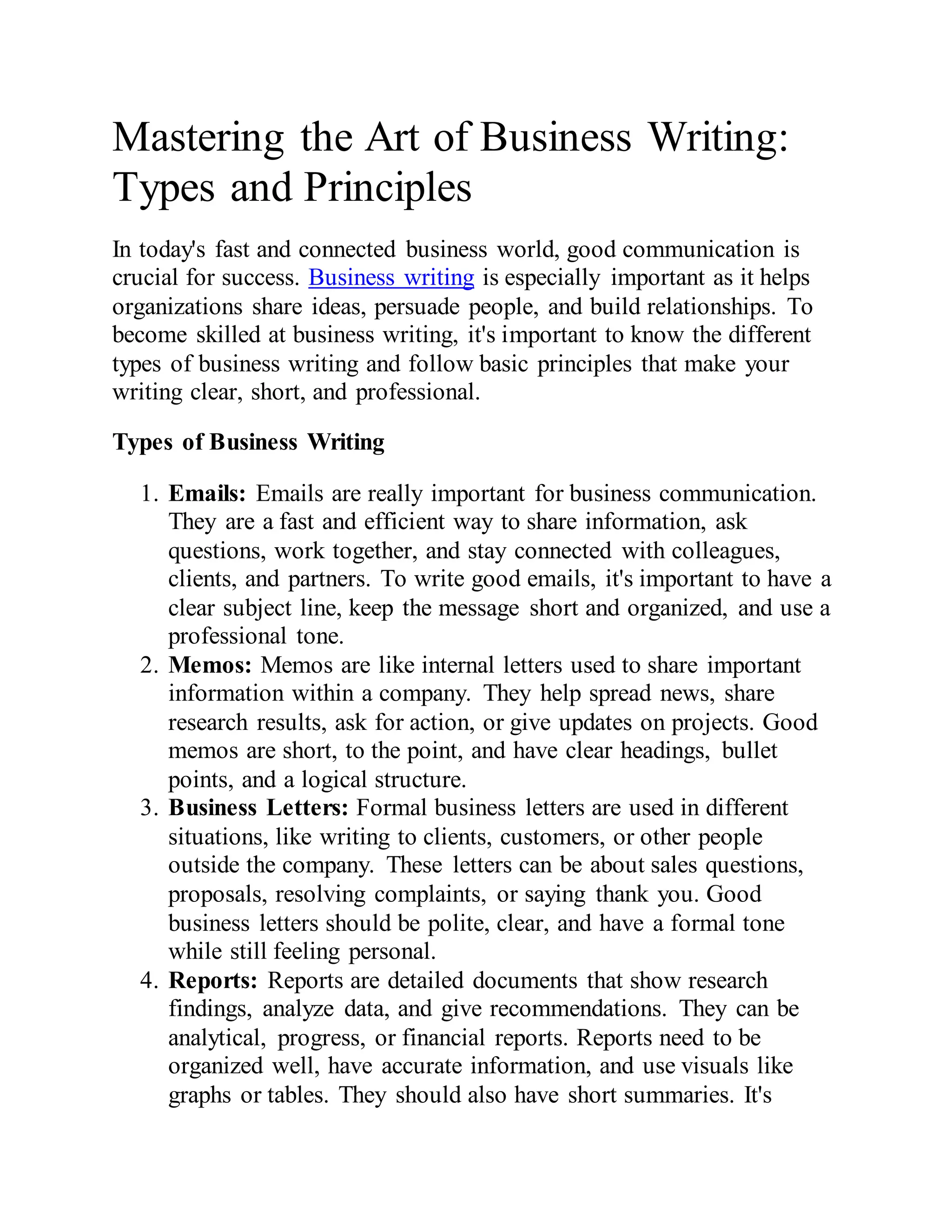 Mastering the Art of Business Writing: Types and Principles | PDF