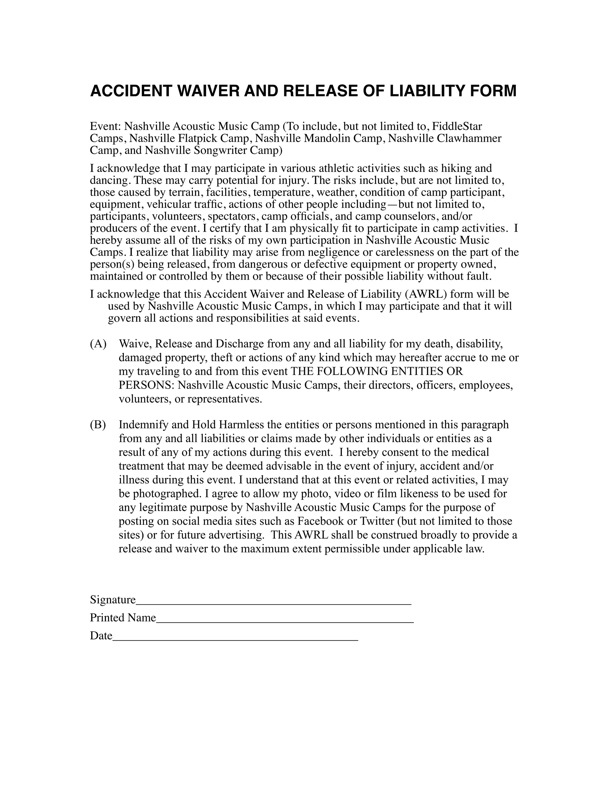Master liability waiver for all camps | PDF