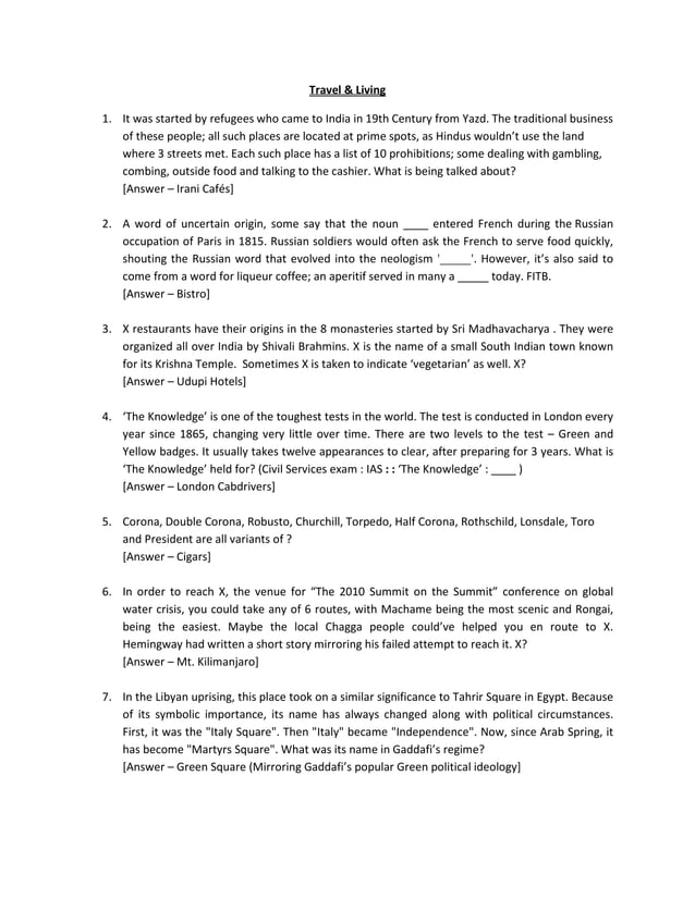 Mastermind Travel & Living Quiz Prelims | PDF