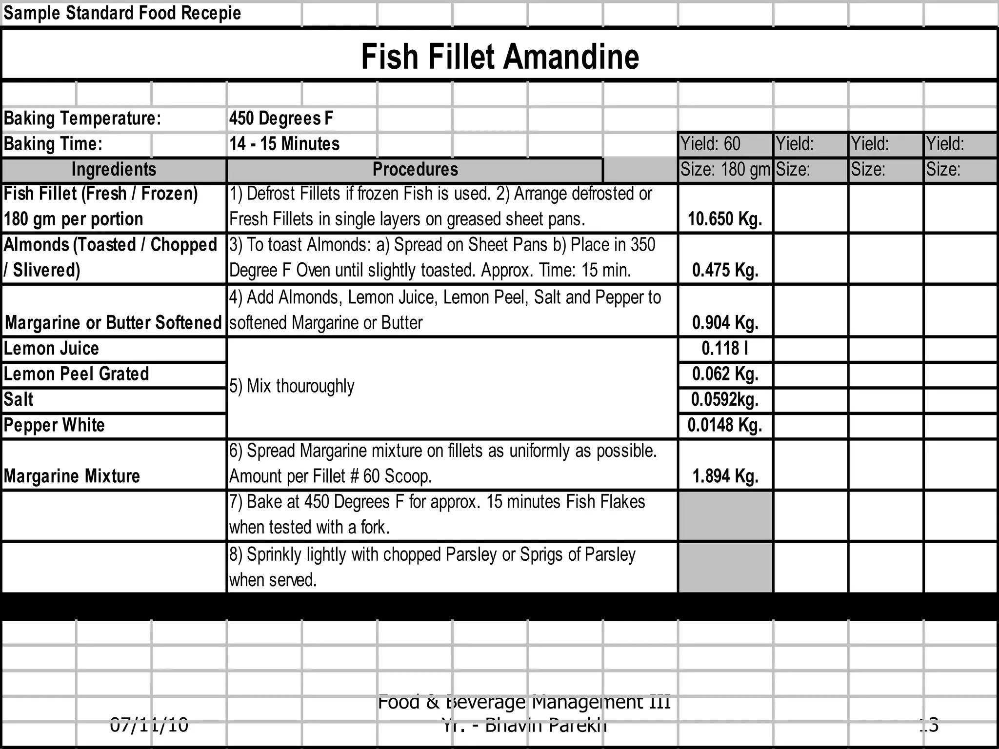 Standard Recepies, Standard Specifications, Yield Analysis | PPT