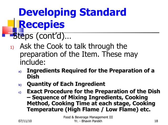 Standard Recepies, Standard Specifications, Yield Analysis | PPT ...