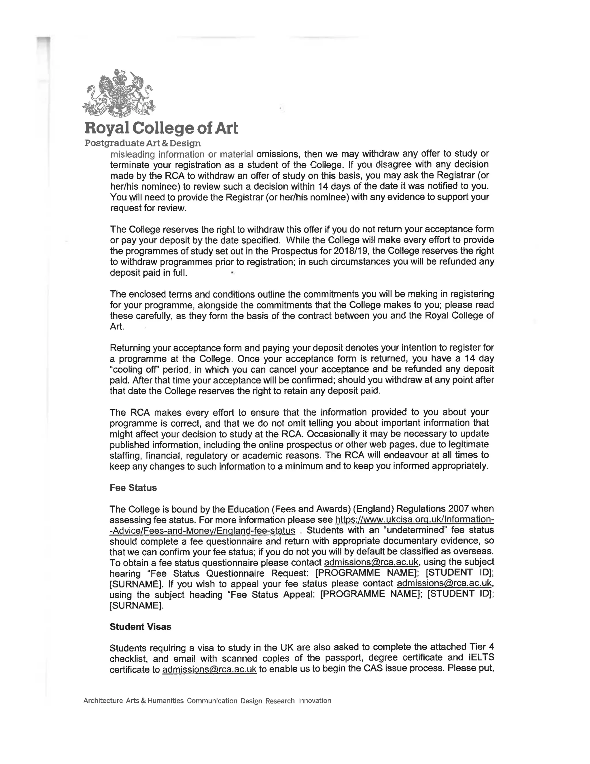 Masters Degree Acceptance, Royal College of Art | PDF