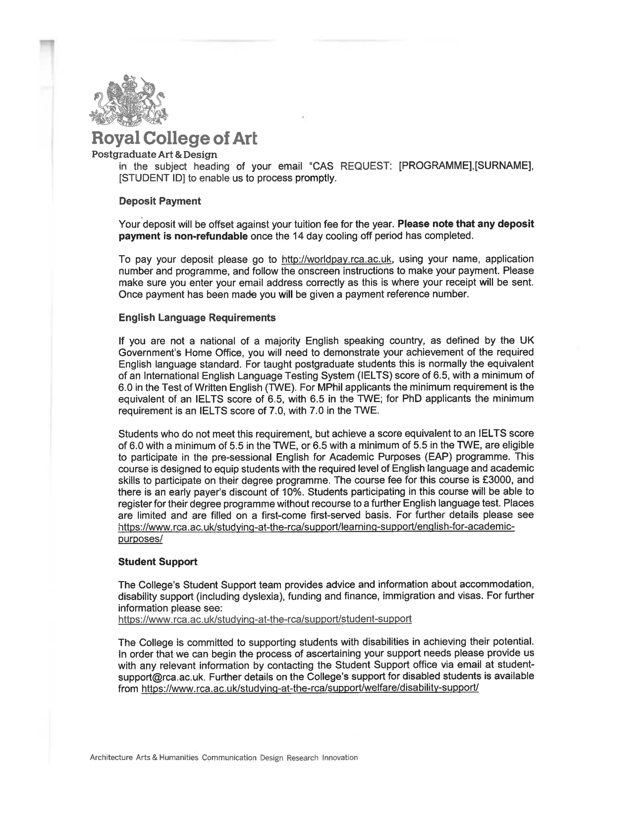 Masters Degree Acceptance, Royal College of Art | PDF