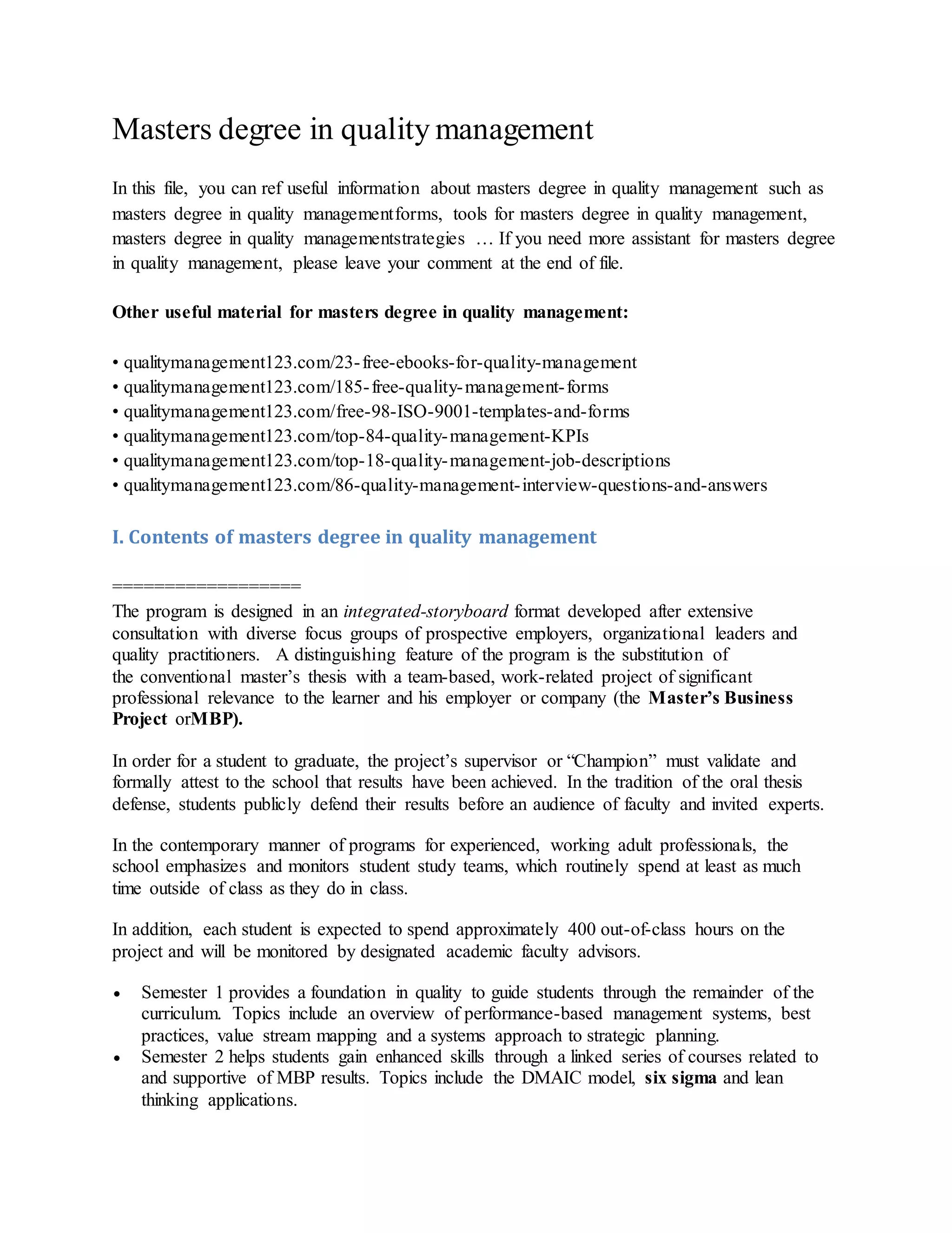 Masters degree in quality management | DOCX