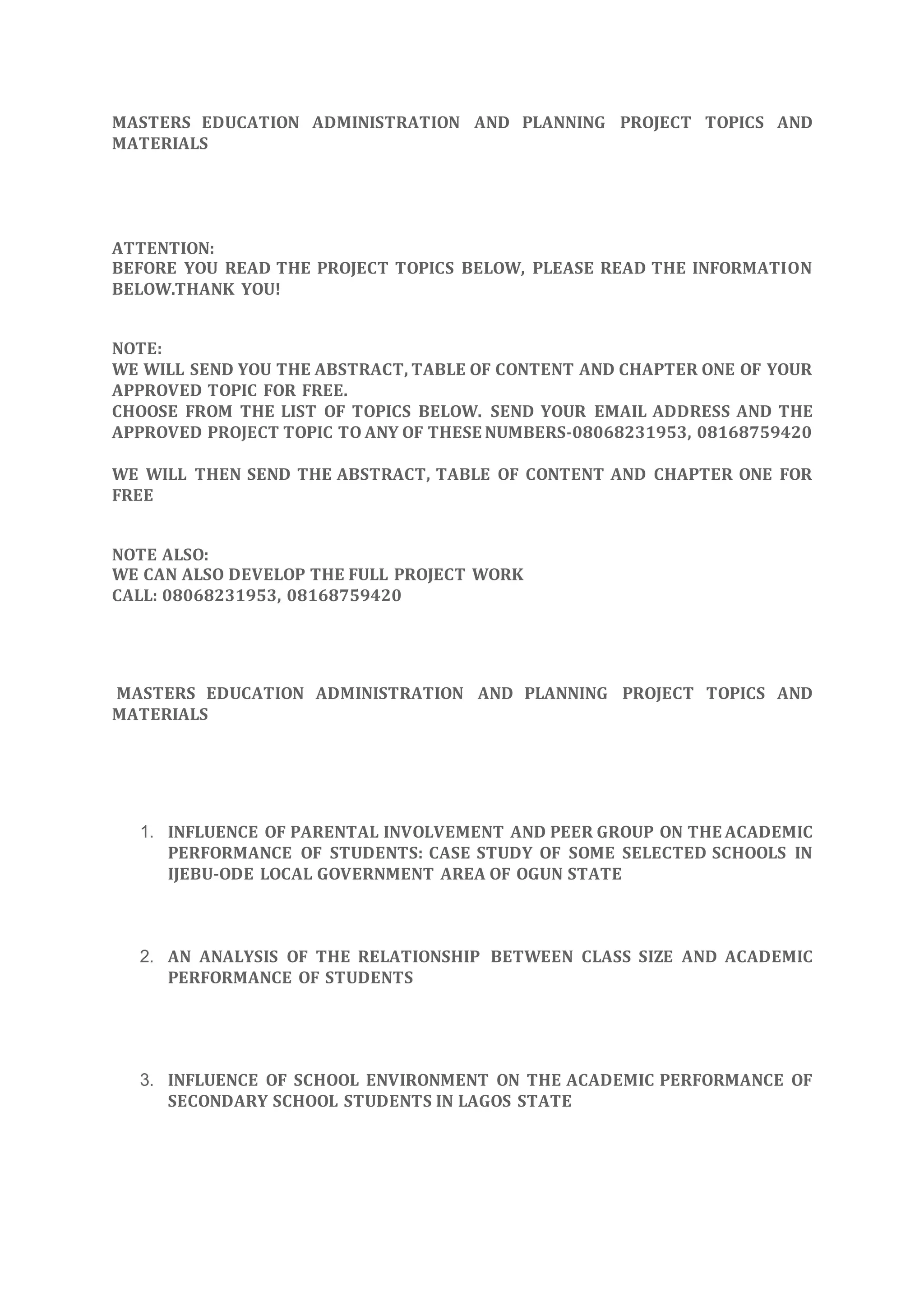 Education Administration Project Topics | PDF