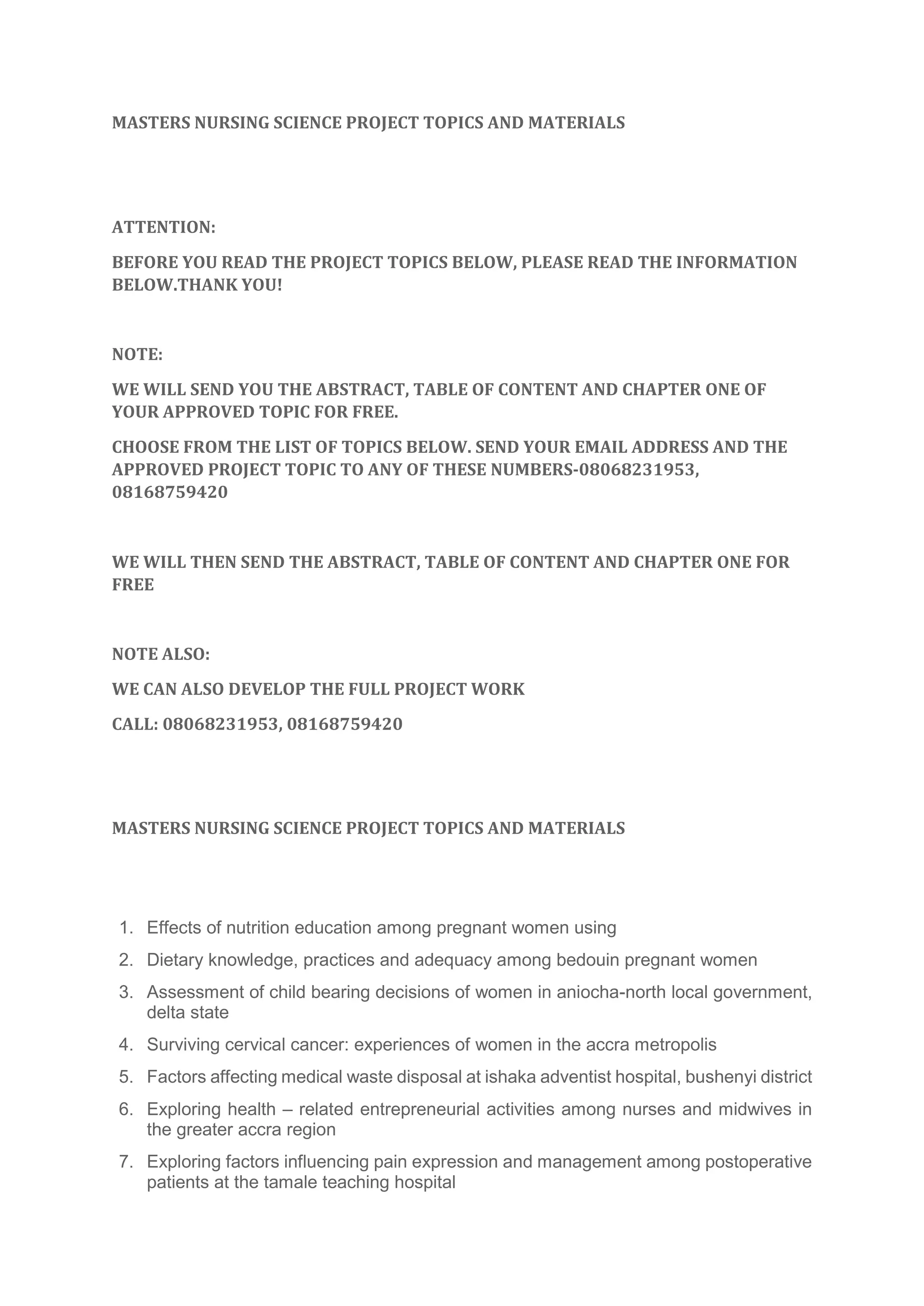 MASTERS NURSING SCIENCE PROJECT TOPICS AND MATERIALS.docx