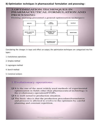 PREFORMULATION CONCEPTS AND OPTIMIZATION IN PHARMACEUTICAL FORMULATION ...