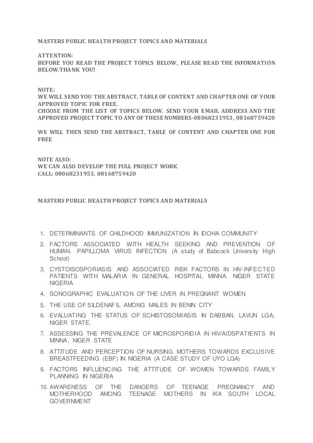 Masters Public Health Project Topics And Materials Masters Public Health Project Topics And Materials
