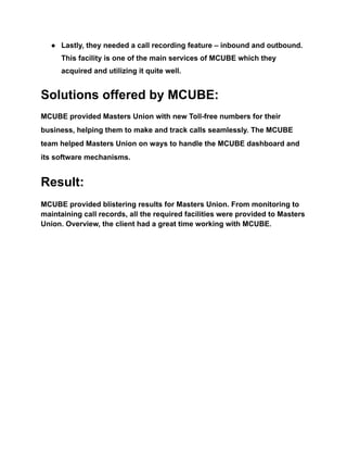 Masters Union Case Study - MCUBE Business CAll Management System | PDF