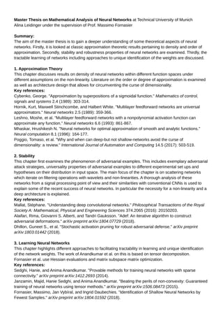 One page summary of master thesis "Mathematical Analysis of Neural ...