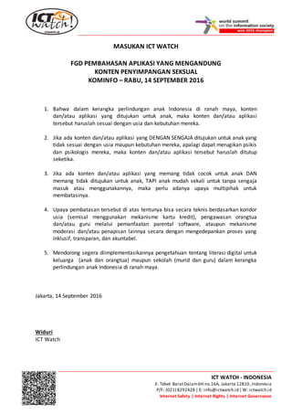 Masukan ICT Watch pada FGD Kominfo tentang Pembahasan Aplikasi yang Mengandung Konten ...