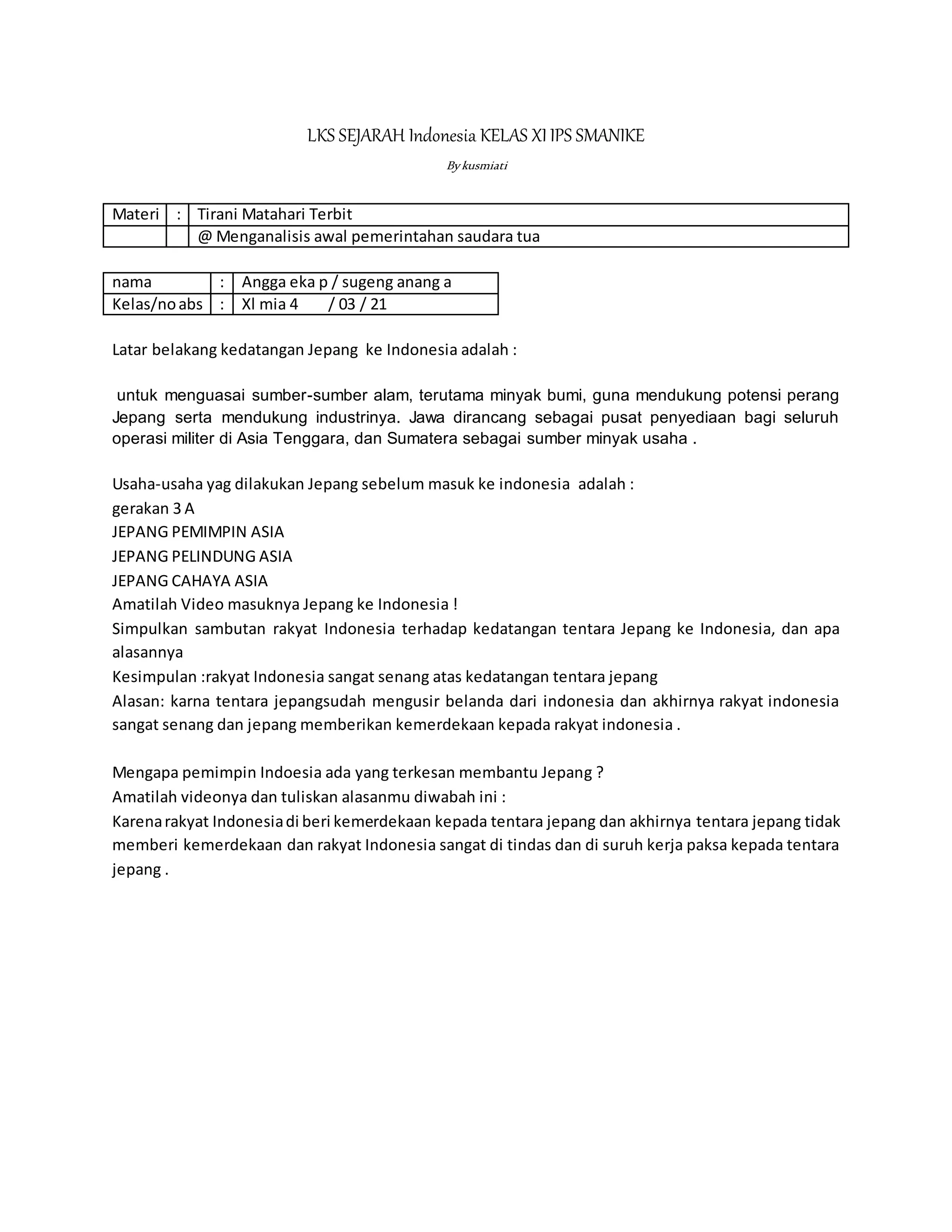 Masuknya Jepang Ke Indonesia | DOCX