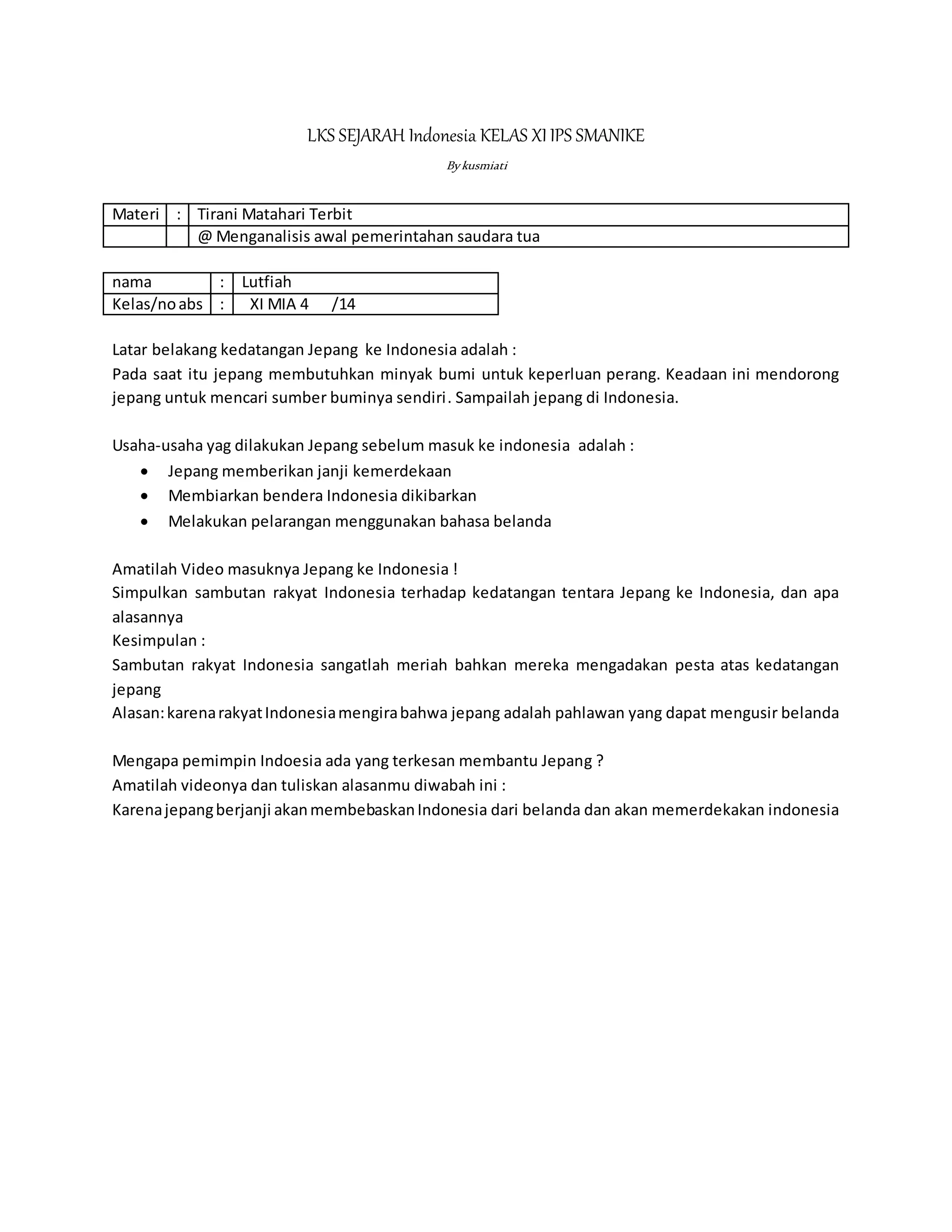 masuknya jepang ke indonesia | DOCX