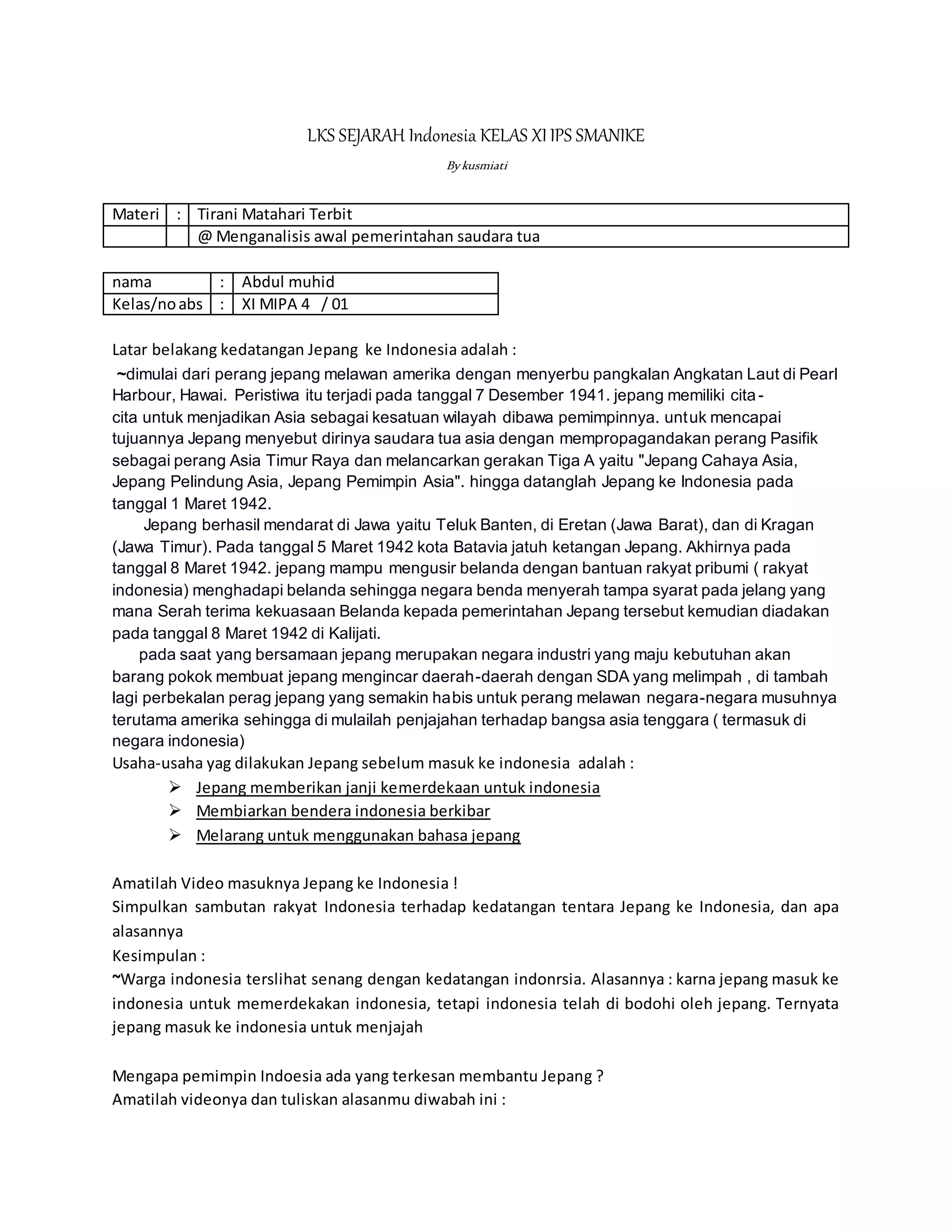 masuknya jepang ke indonesia | DOCX