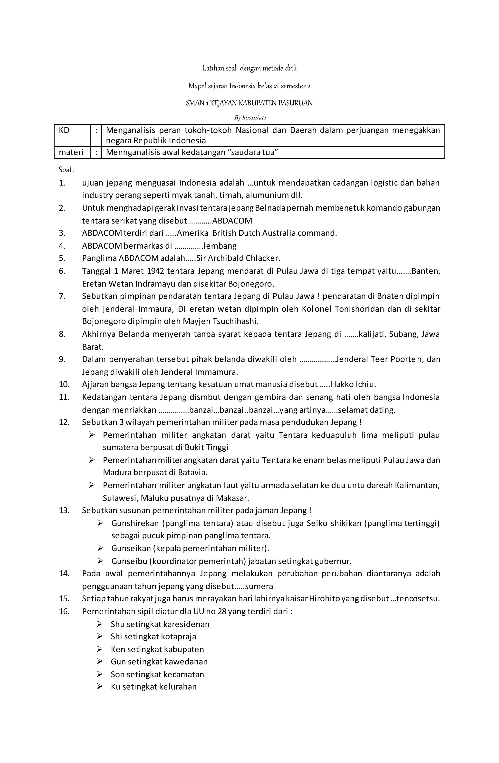 soal drill masuknya jepang ke Indonesia | DOCX
