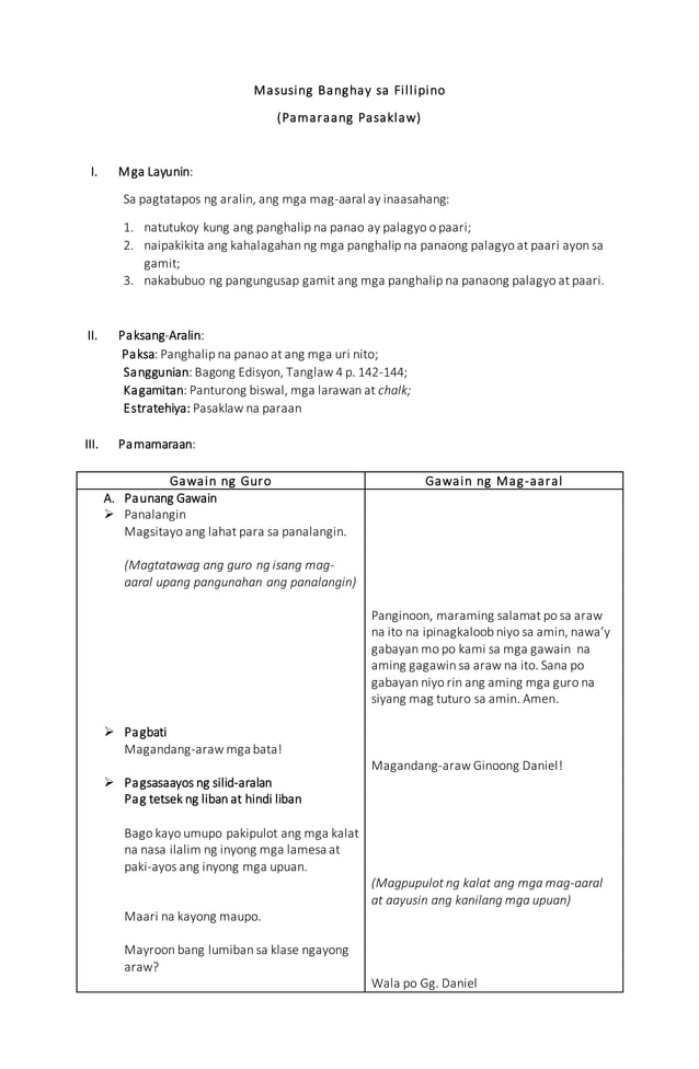Masusing Banghay Aralin sa Filipino (Detailed lesson plan in Filipino) (CDSGA Students) | DOCX