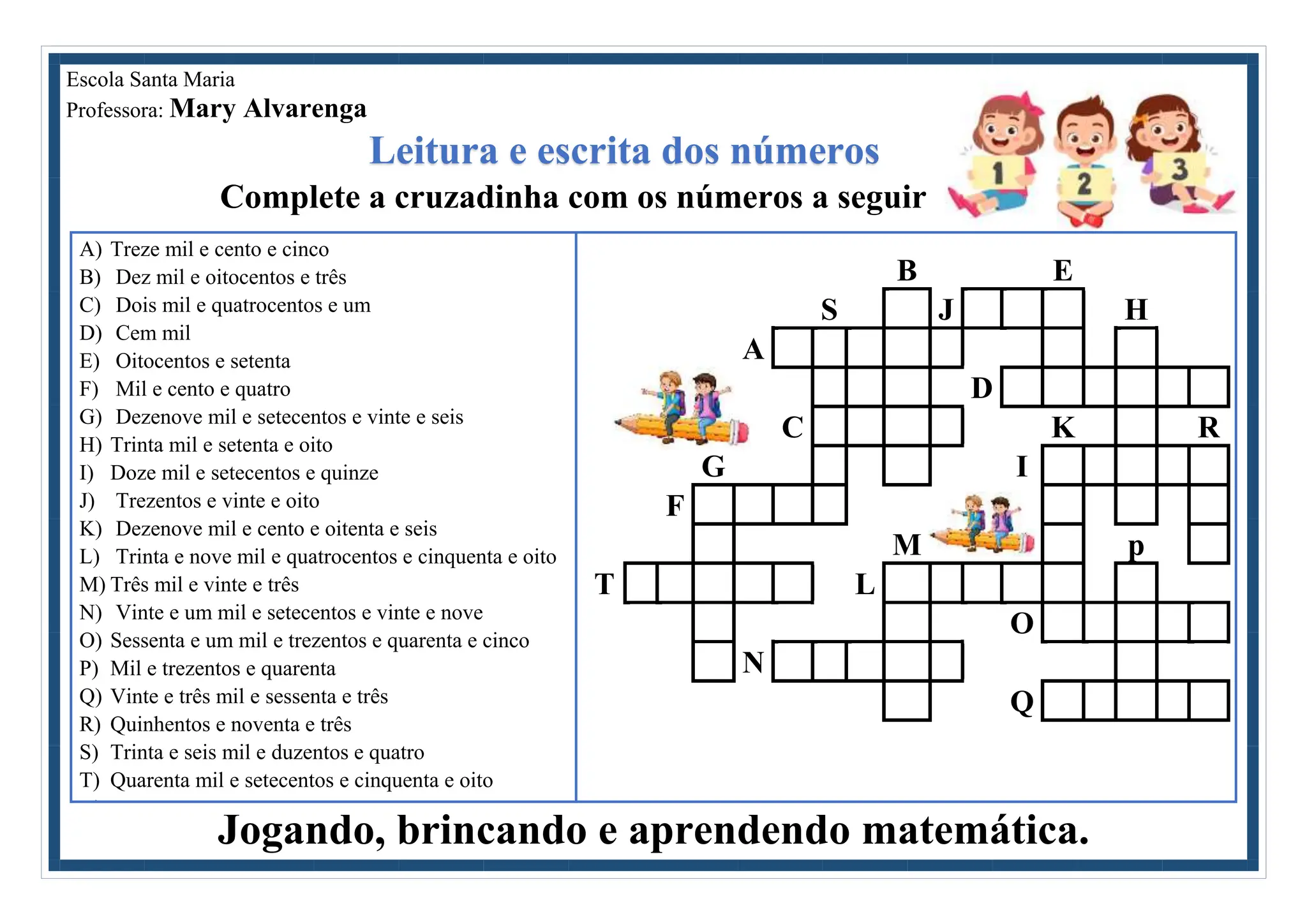 CRUZADINHA - Leitura e escrita dos números | PDF