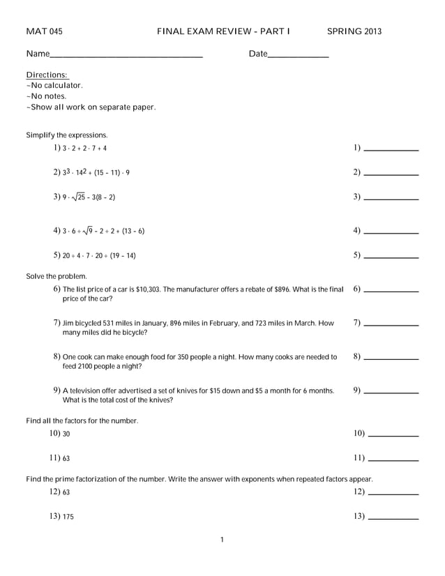 Mat 045 final exam review part i | PDF